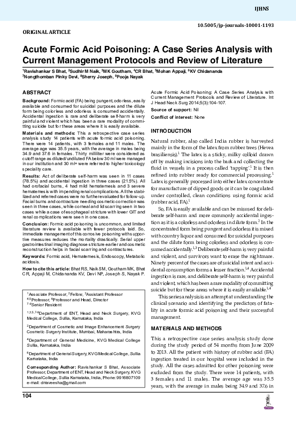 Pdf Acute Formic Acid Poisoning A Case Series Analysis With Current