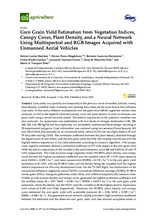 Corn Grain Yield Estimation from Vegetation Indices, Canopy Cover, Plant Density, and a Neural ...