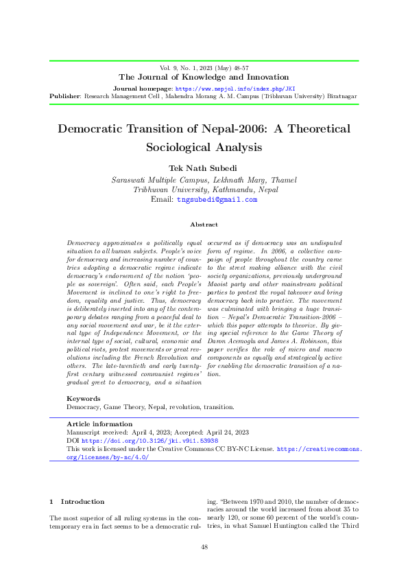 (PDF) Democratic Transition of Nepal-2006: A Theoretical Sociological Analysis