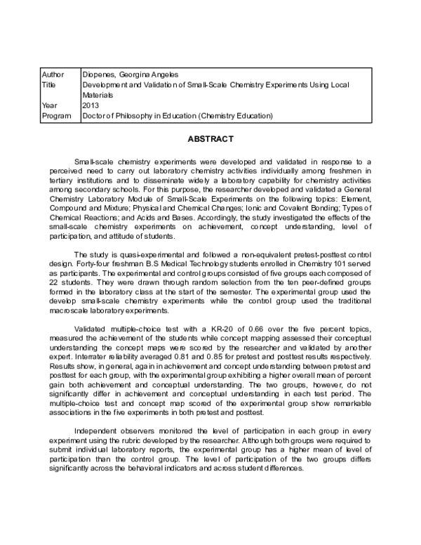 (PDF) Development and Validation of Small-Scale Chemistry Experiments ...
