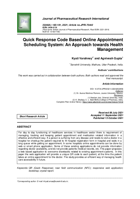 (PDF) Quick Response Code Based Online Appointment Scheduling System: An Approach towards Health ...