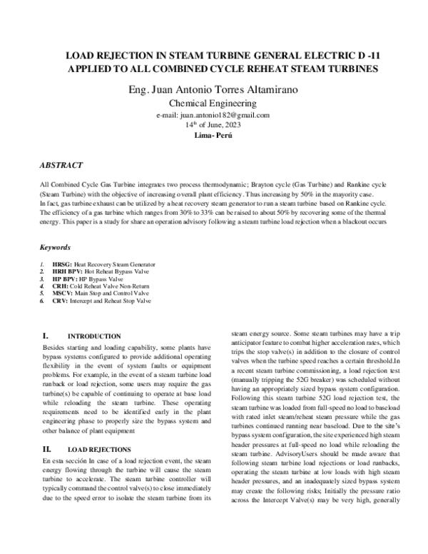 (PDF) LOAD REJECTION IN STEAM TURBINE GENERAL ELECTRIC D -11 APPLIED TO ALL COMBINED CYCLE ...