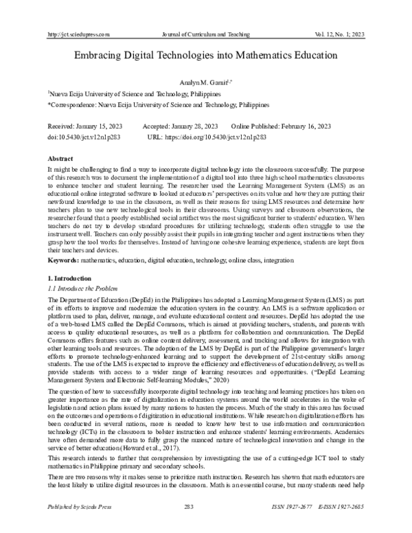 (PDF) Embracing Digital Technologies into Mathematics Education