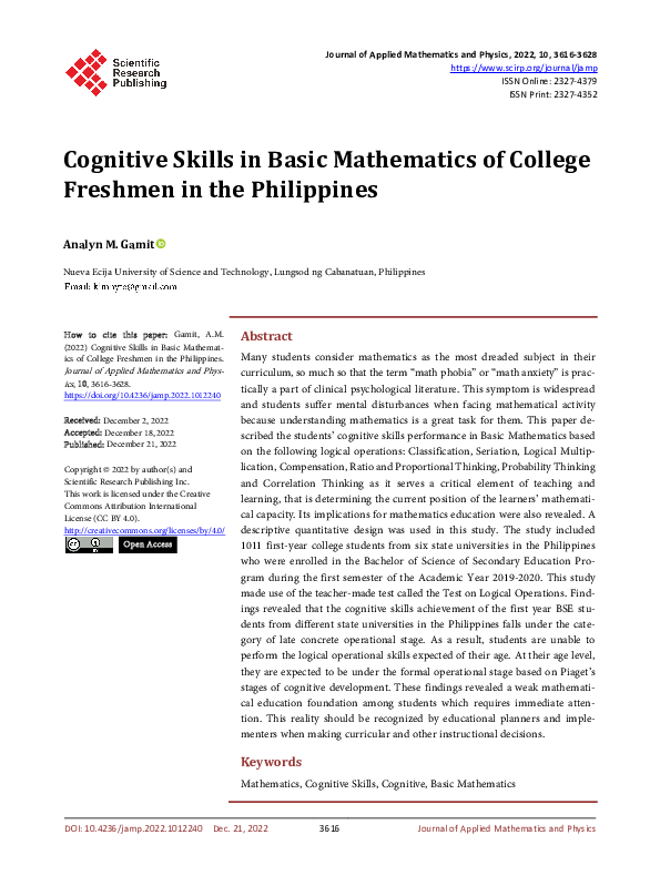 (PDF) Cognitive Skills in Basic Mathematics of College Freshmen in the ...