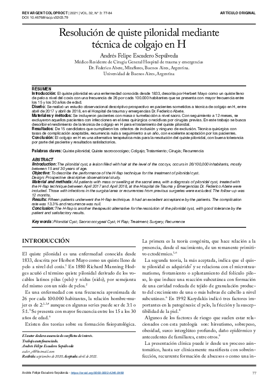 (PDF) Resolución De Quiste Pilonidal Mediante Técnica De Colgajo en H ...