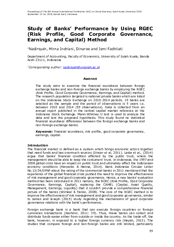 (PDF) Study of Banks’ Performance by Using RGEC (Risk Profile, Good ...