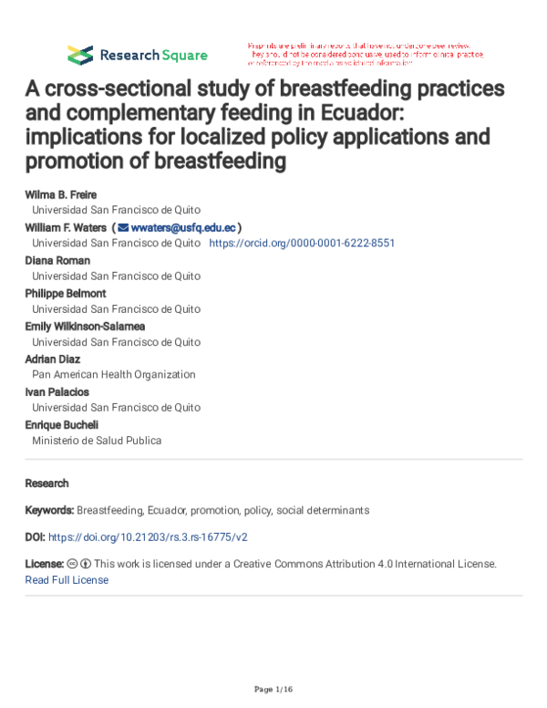 (PDF) A cross-sectional study of breastfeeding practices and complementary feeding in Ecuador ...