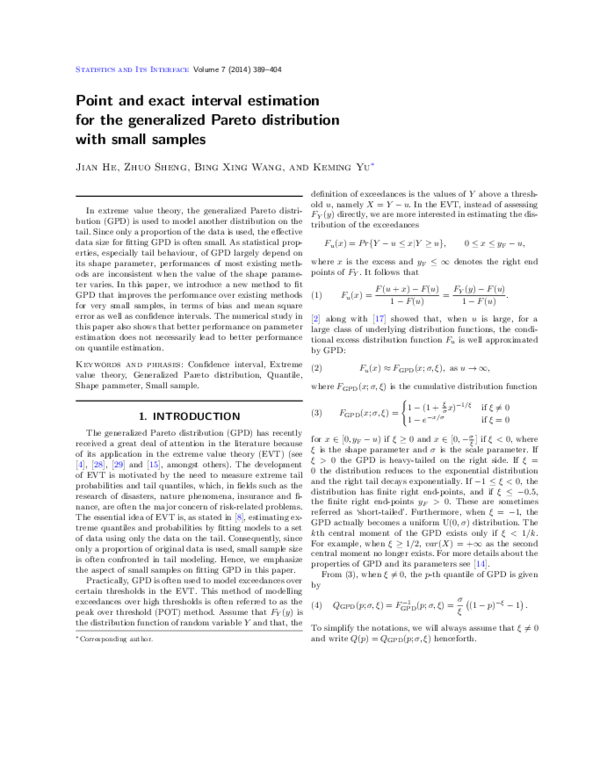 Pdf Point And Exact Interval Estimation For The Generalized Pareto Distribution With Small Samples