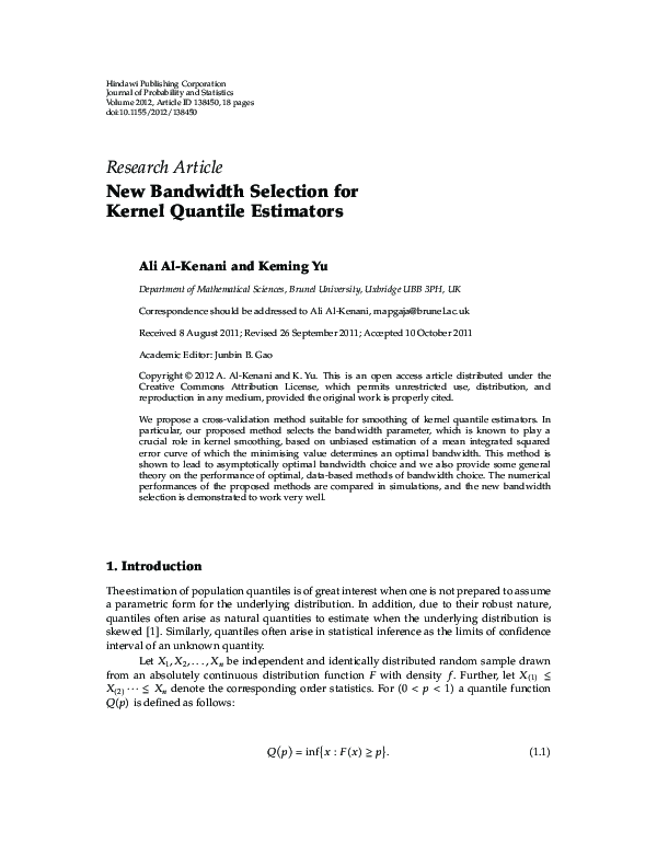 (PDF) New Bandwidth Selection for Kernel Quantile Estimators