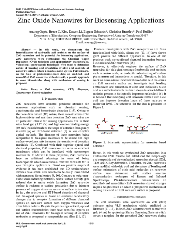 (PDF) Zinc oxide nanowires for biosensing applications