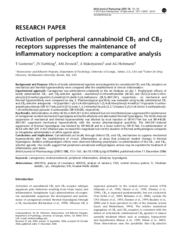 (PDF) Activation of peripheral cannabinoid CB1 and CB2 receptors ...