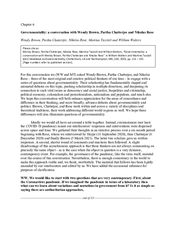 (PDF) Governmentality: a conversation with Wendy Brown, Partha Chatterjee and Nikolas Rose