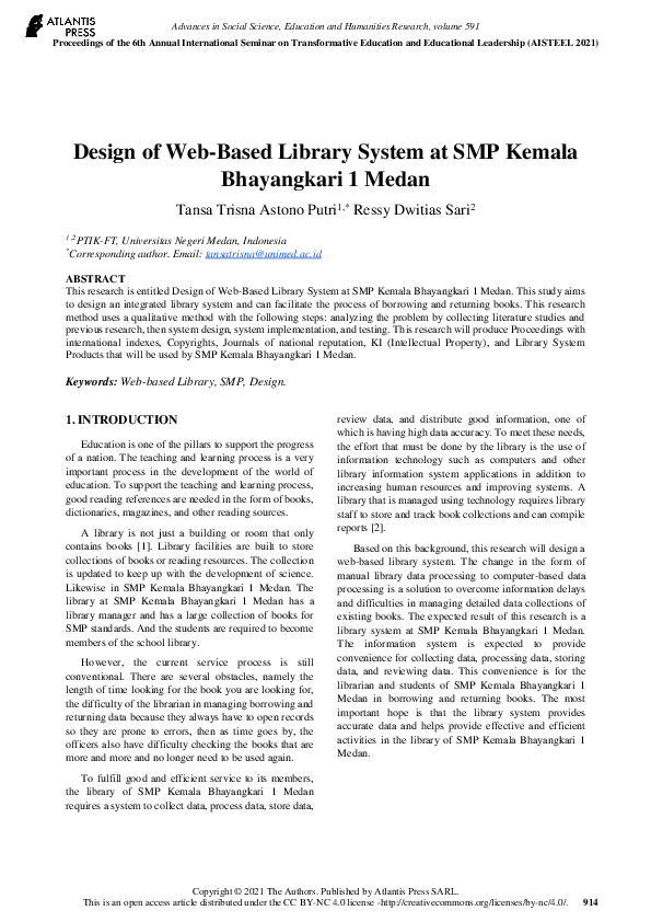 (PDF) Design of Web-Based Library System at SMP Kemala Bhayangkari 1 Medan