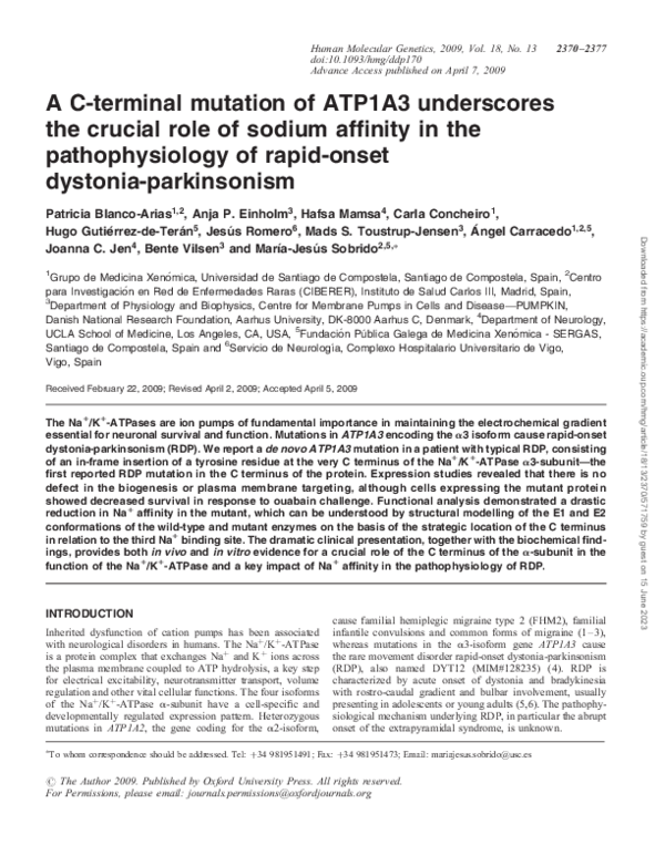 (PDF) A C-terminal mutation of ATP1A3 underscores the crucial role of ...