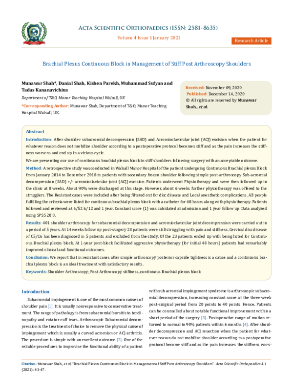 (PDF) Brachial Plexus Continuous Block in Management of Stiff Post ...
