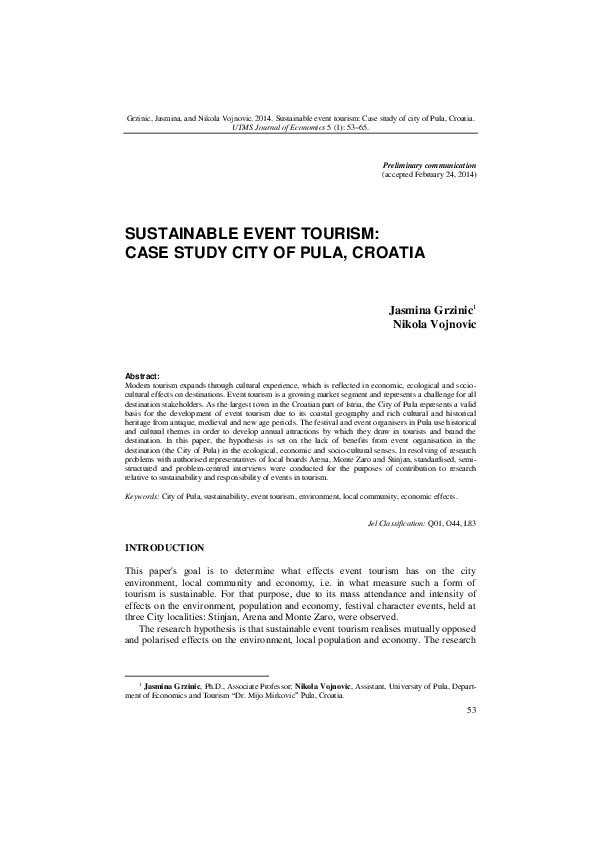 (PDF) Sustainable Event Tourism:Case Study City Of Pula, Croatia