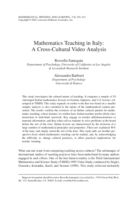 (PDF) Mathematics Teaching in Italy: A Cross-Cultural Video Analysis