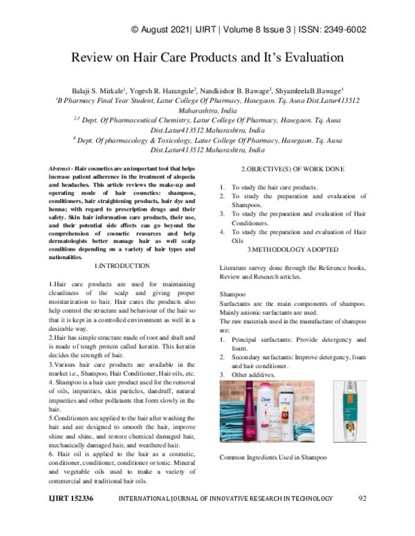 (PDF) Review on Hair Care Products And It’s Evaluation