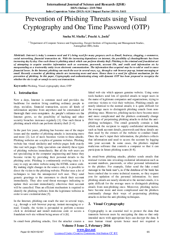 (PDF) Prevention of Phishing Threats using Visual Cryptography and One Time Password (OTP)