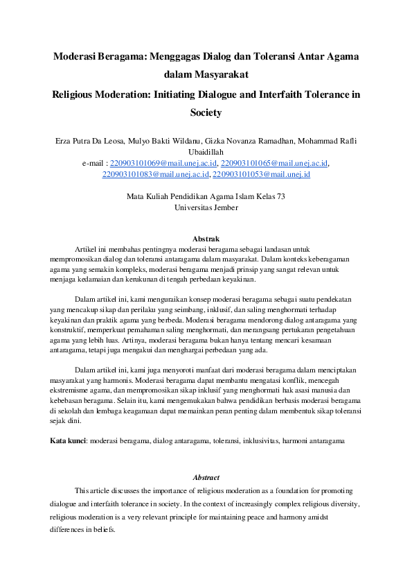 (PDF) Moderasi Beragama: Menggagas Dialog dan Toleransi Antar Agama dalam Masyarakat Religious ...