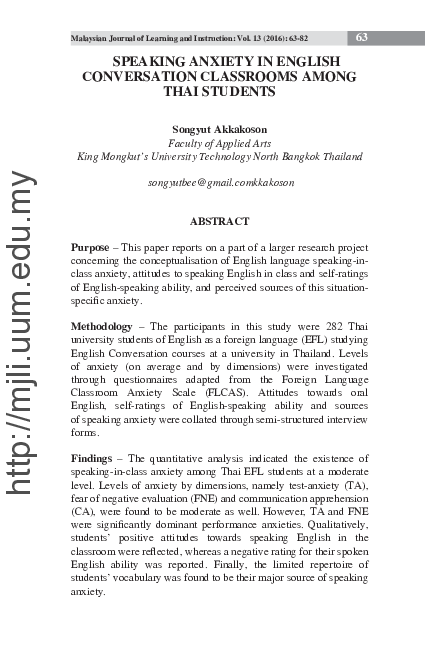 (PDF) Speaking Anxiety in English Conversation Classrooms Among Thai ...