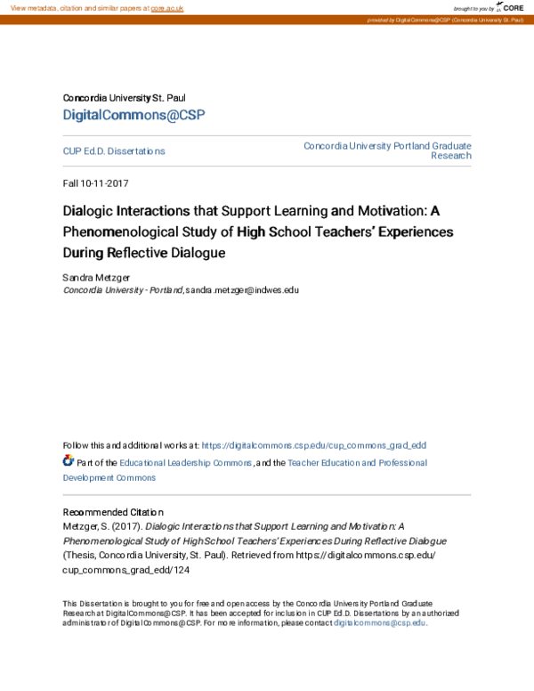 (PDF) Dialogic Interactions that Support Learning and Motivation: A Phenomenological Study of ...