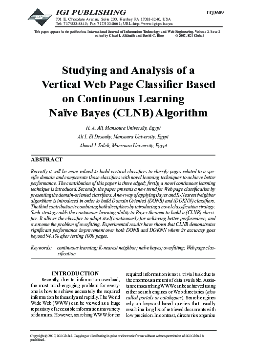 (PDF) Studying and Analysis of a Vertical Web Page Classifier Based on Continuous Learning Naïve ...