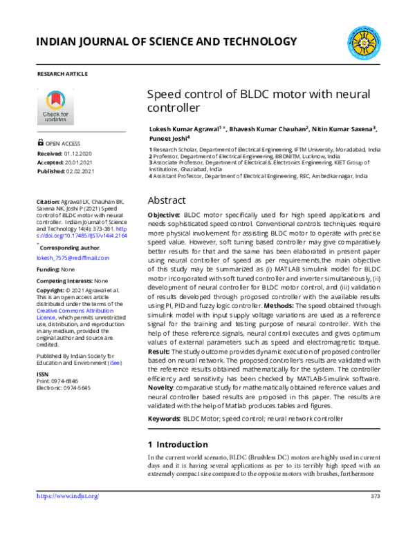 (PDF) Speed control of BLDC motor with neural controller