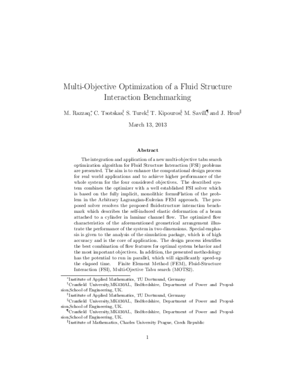 (PDF) Multi-Objective Optimization of a Fluid Structure Interaction Benchmarking