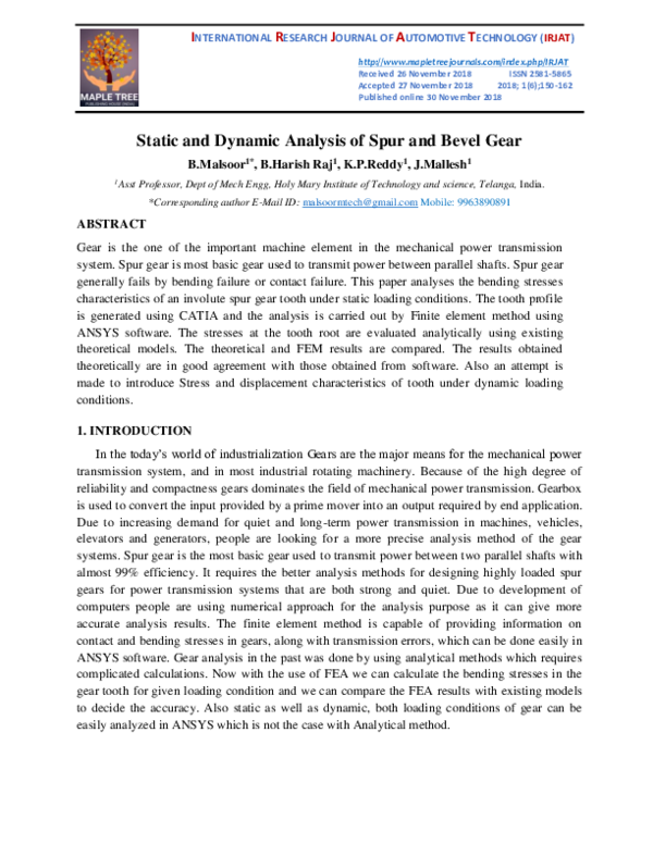 (PDF) Static and Dynamic Analysis of Spur and Bevel Gear