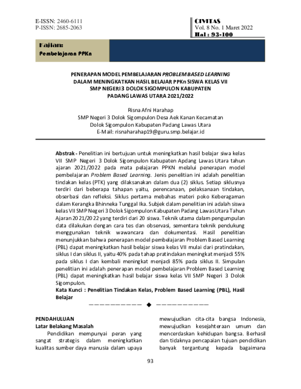 (PDF) PENERAPAN MODEL PEMBELAJARAN PROBLEM BASED LEARNING DALAM MENINGKATKAN HASIL BELAJAR PPKn ...