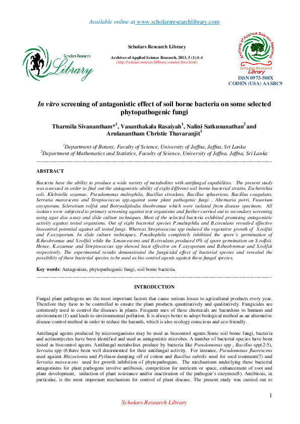 (PDF) In vitro screening of antagonistic effect of soil borne bacteria ...