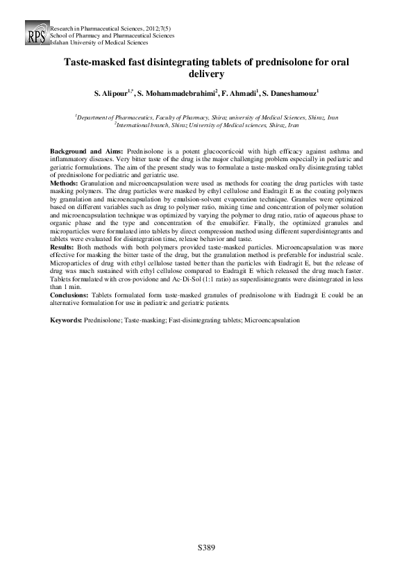 (PDF) Taste-Masked Disintegrating Prednisolone Tablets