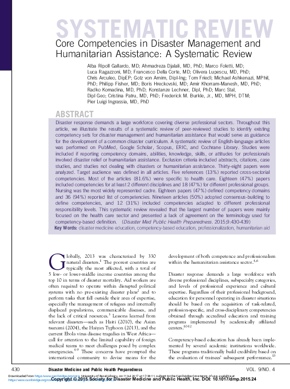 (PDF) Core Competencies in Disaster Management and Humanitarian Assistance: A Systematic Review