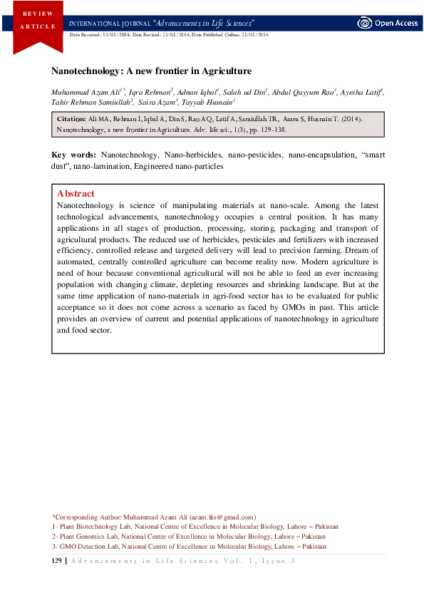 Pdf Nanotechnology A New Frontier In Agriculture