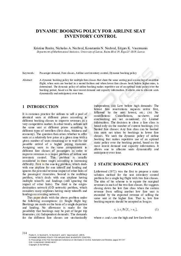 (PDF) Dynamic Booking Policy for Airline Seat Inventory Control