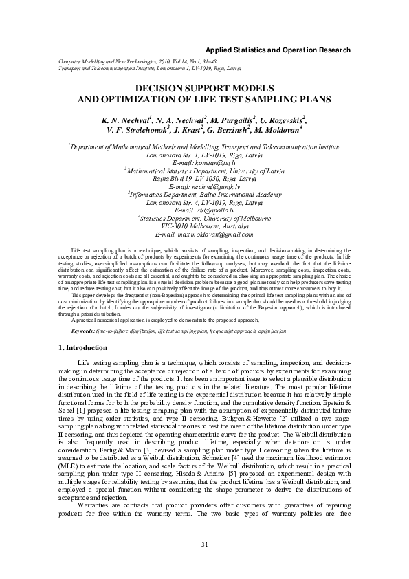 Pdf Decision Models For Determining The Optimal Life Test Sampling Plans