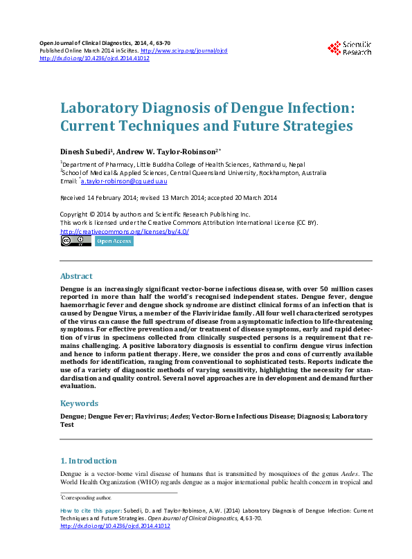 Pdf Laboratory Diagnosis Of Dengue Infection Current Techniques And Future Strategies