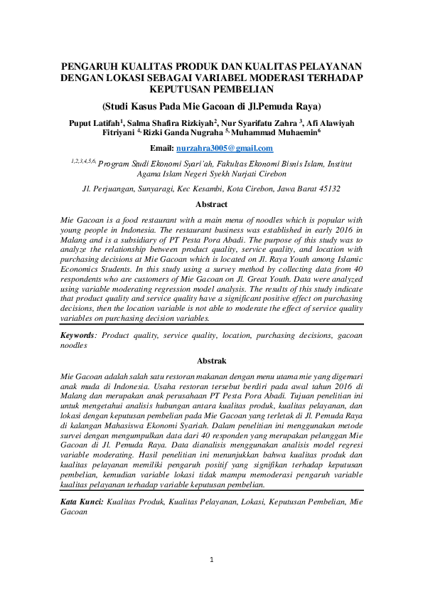 (PDF) PENGARUH KUALITAS PRODUK DAN KUALITAS PELAYANAN DENGAN LOKASI SEBAGAI VARIABEL MODERASI ...