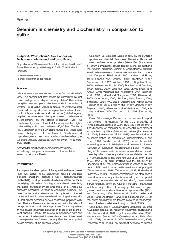 (PDF) Selenium in chemistry and biochemistry in comparison to sulfur