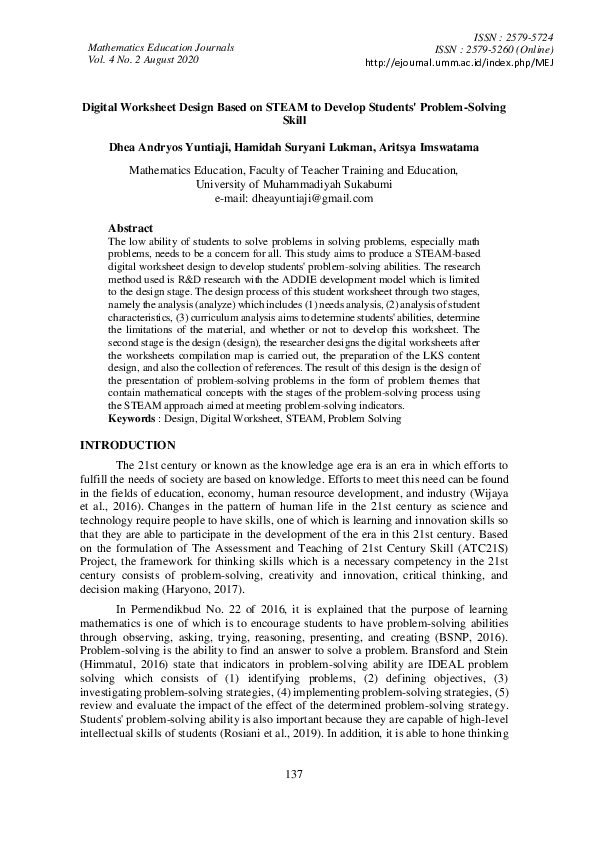 (PDF) Digital Worksheet Design Based of STEAM to Develop Students’ Problem Solving Skill