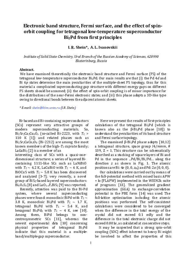 (PDF) Electronic band structure, Fermi surface and effect of spin-orbit coupling for tetragonal ...