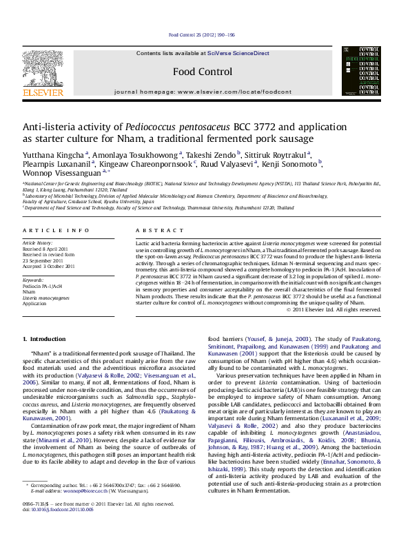 (PDF) Anti-listeria activity of Pediococcus pentosaceus BCC 3772 and ...