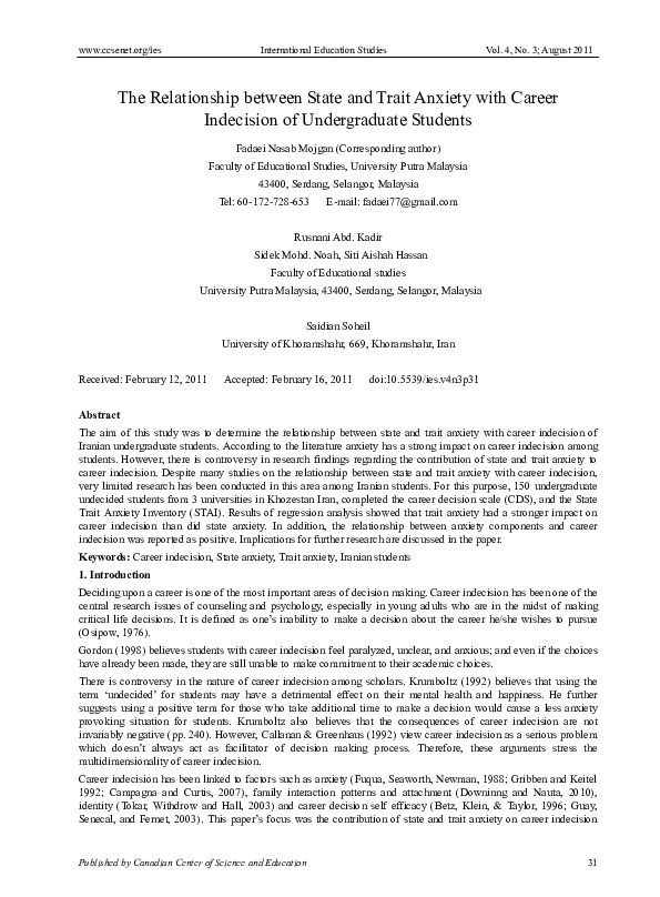 (PDF) The Relationship between State and Trait Anxiety with Career ...