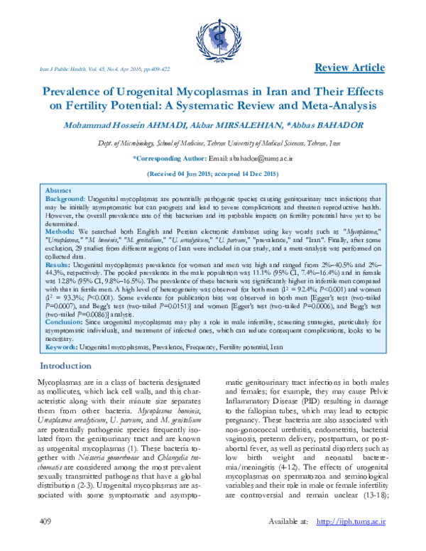 (PDF) Prevalence of Urogenital Mycoplasmas in Iran and Their Effects on Fertility Potential: A ...