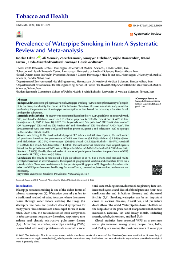 (PDF) Prevalence of Waterpipe Smoking in Iran: A Systematic Review and Meta-analysis