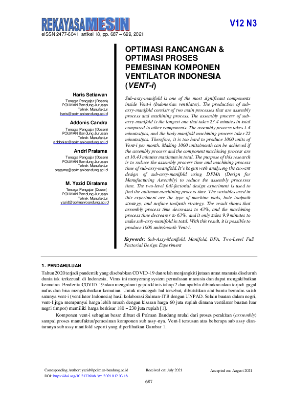(PDF) Optimasi Rancangan dan Optimasi Proses Pemesinan Komponen Ventilator Indonesia (VENT-i ...