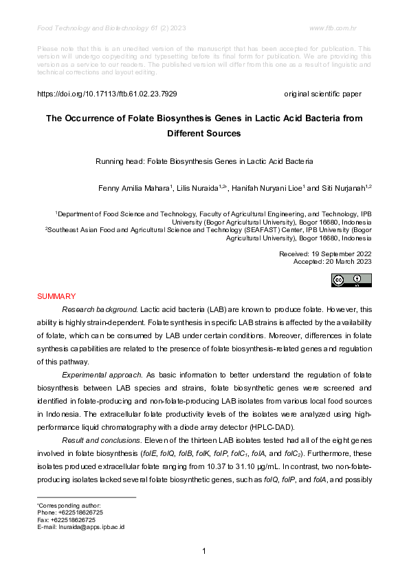(PDF) The Occurrence of Folate Biosynthesis Genes in Lactic Acid Bacteria from Different Sources