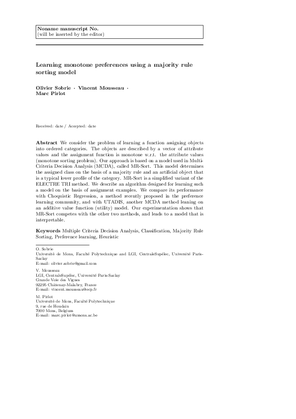 (PDF) Learning monotone preferences using a majority rule sorting model