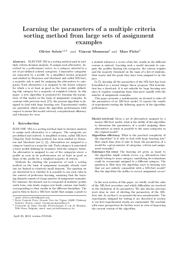 (PDF) Learning the Parameters of a Multiple Criteria Sorting Method